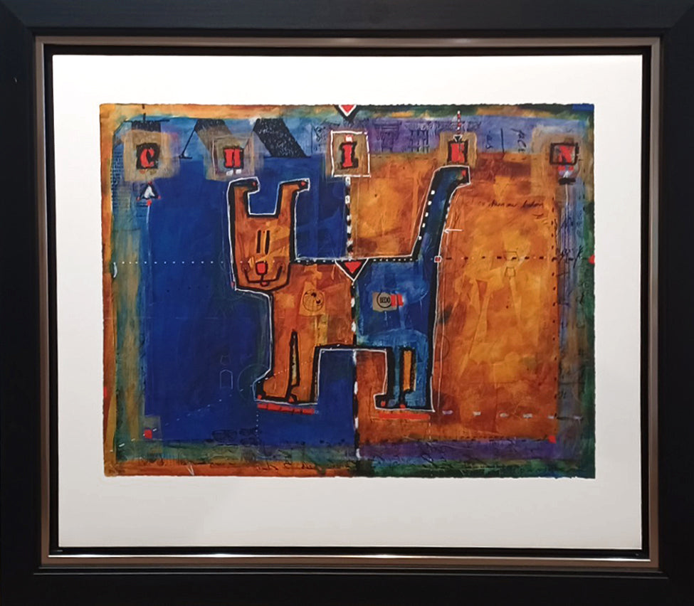 Gérard Dansereau, Chien-Chien au bedon bleu laminé encadré ...